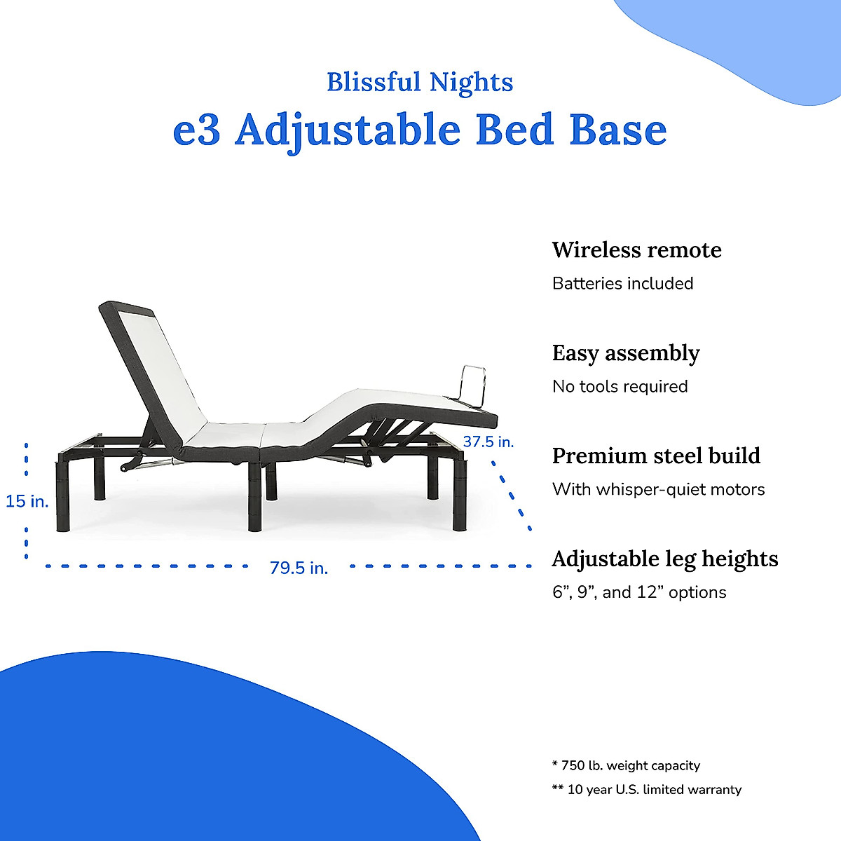 Blissful Nights e3 Split King Adjustable Bed Frame with Wireless Remotes, Head Up Foot Up and 12" Cool Gel Infused Premium Plush 6 Layer Memory Foam Mattress