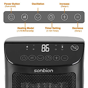 SONBION Space Heater with Remote, 1500w Ceramic Heater with Four Modes, Portable Personal Electric Heater for Office Home Garage, 70°Oscillating Heater with Thermostat, 12h Timer, LED Display