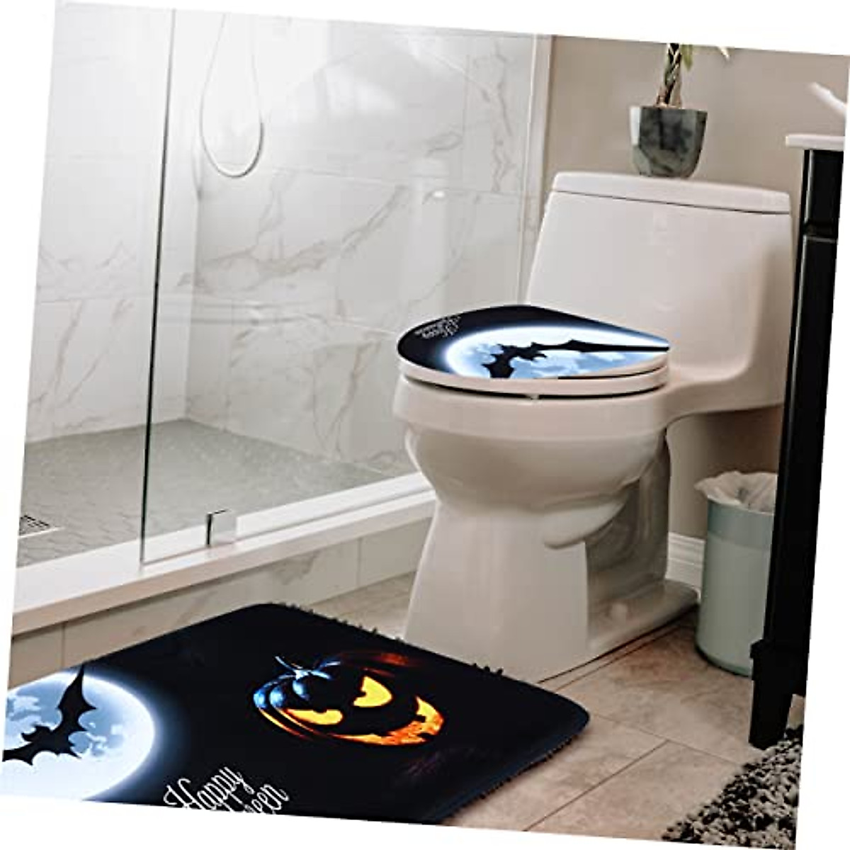 Zerodeko 3pcs Toilet Seat Three Piece Set Shower Curtain Set Suit Rugs Halloween Mat Set Halloween Bathroom Mat Creative Toilet Mat Black Water Proof Seat Toliet Cover