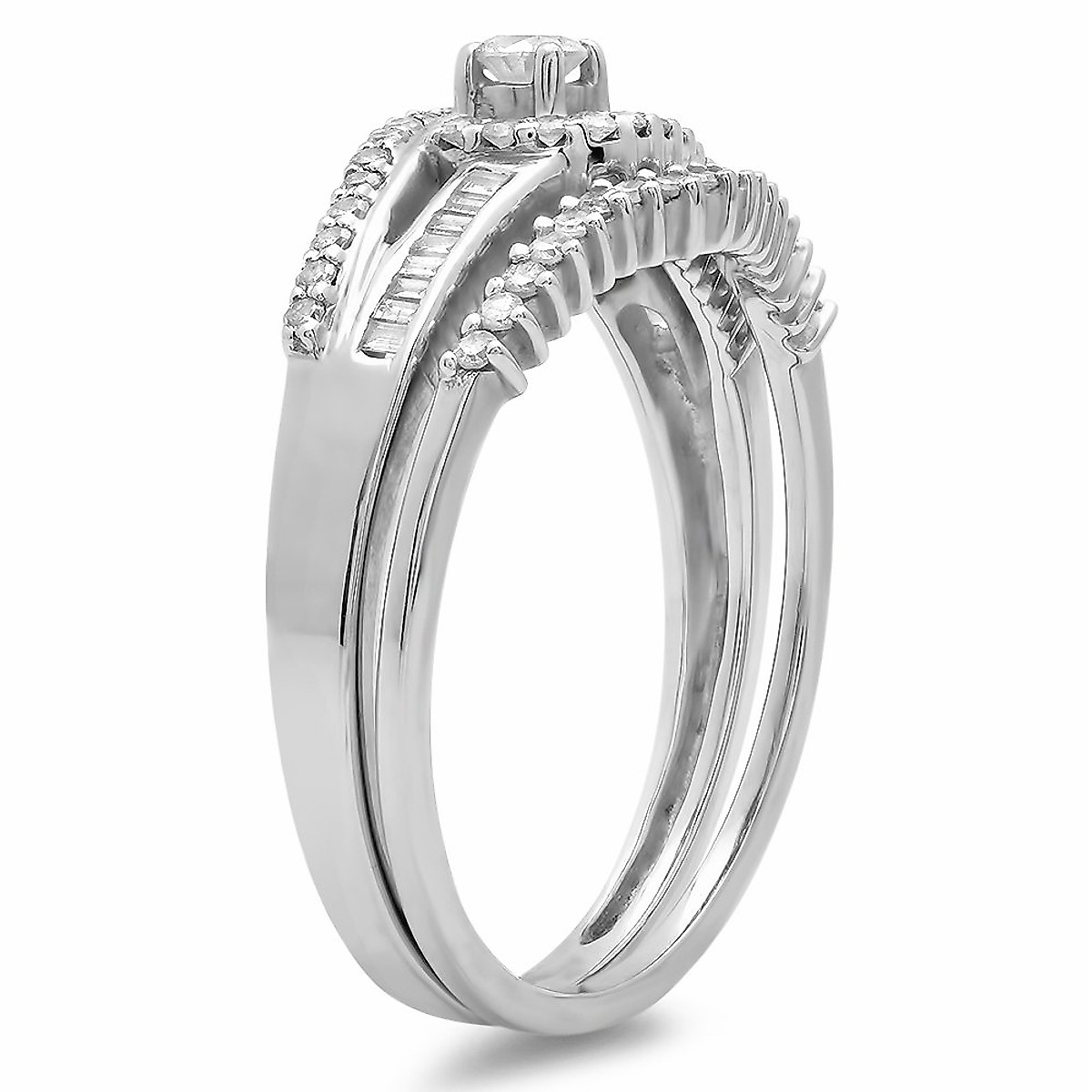 Dazzlingrock Collection 0.50 Carat (ctw) 10k Round & Baguette Diamond Women Swirl Engagement Matching Band Halo Style Bridal Ring Set 1/2 CT, White Gold, Size 6