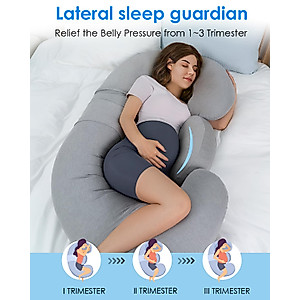 QUEEN ROSE Cooling Pregnancy Pillows, E Shaped Maternity Pillow for Sleeping, with Extra Wedge Pillow for Belly Support, 55 Inch Detachable Body Pillow, Breathable Cover, Grey