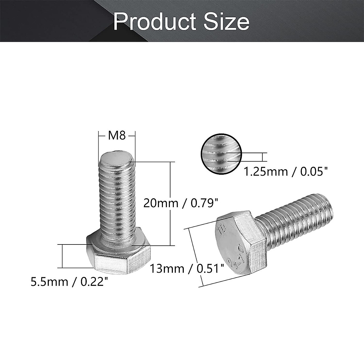 MroMax M8 Hex Bolt M8-1.25 x 20mm Hex Head Screw Bolts 316 Stainless Steel Fully Threaded Metric Hex Tap Bolts Silver 5Pcs