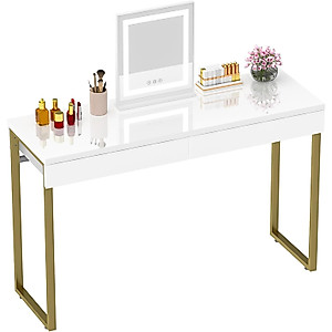 GreenForest Vanity Desk with 2 Drawers,39 inch White Desk with Glossy Desktop Easy Clean,Makeup Dressing Table with Metal Gold Legs for Home Office Small Spaces,Bedroom