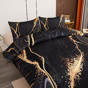 Tailor Shop Marble Bedding Set Soft Microfiber Black and Gold Comforter Set Queen Size for Kids Men and Women with 1 Marble Comforter and 2 Pillowcases…