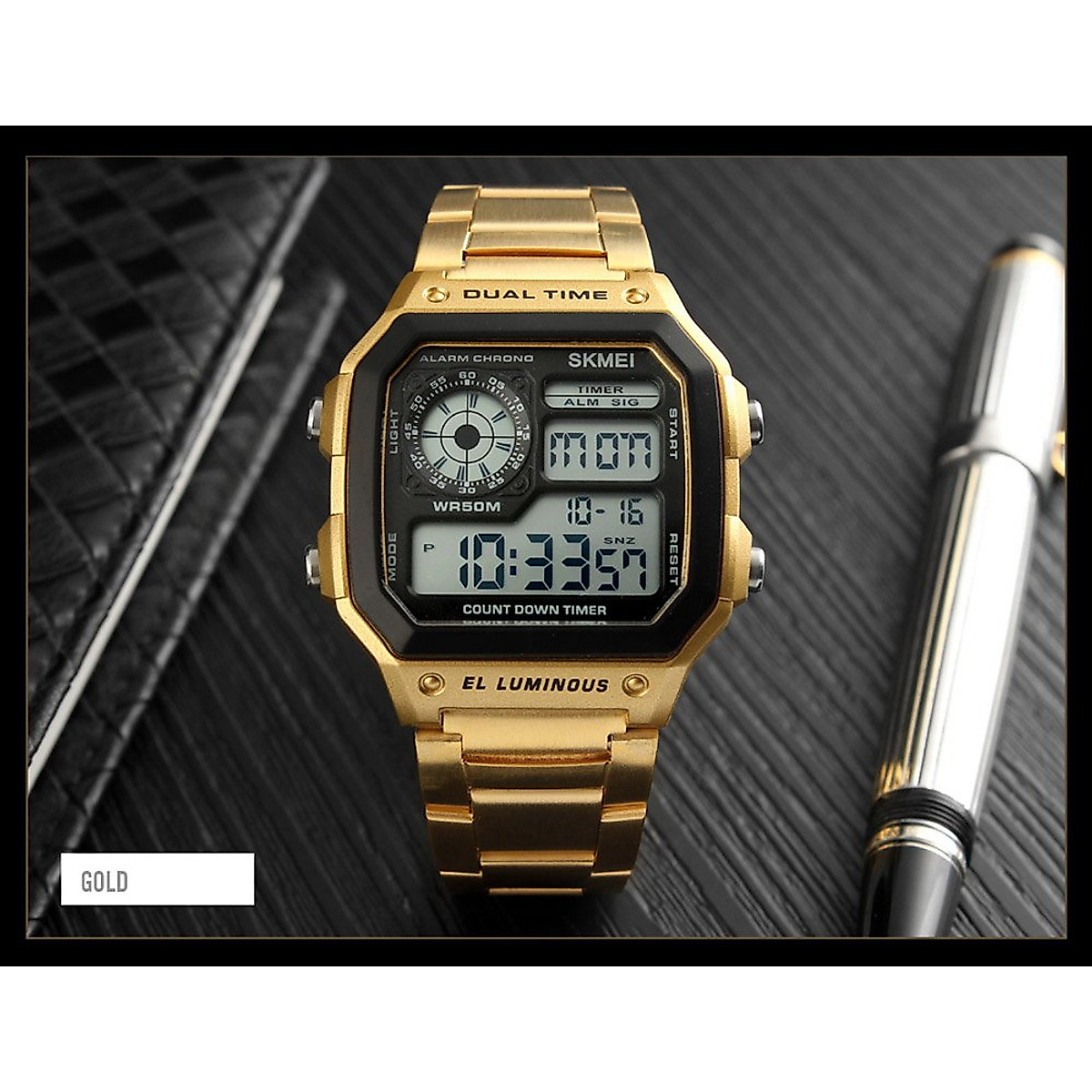 FANMIS Men's Luxury Digital Quartz Waterproof Wrist Watches Dual Time Countdown Alarm Stopwatch Backlight Multi-Function Watch (Gold)