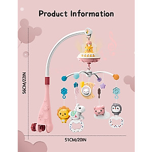 BSROLUNA Baby Crib Mobile with Music and Lights, Baby Mobile for Crib with Remote Control, Hanging Rotating Animals Rattles, 16 Songs and Timing Function, Cartoon Baby Crib Toys for Girls (BabyPink)