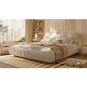 Yoglad Queen Size Contemporary Upholstered Bed, Oversized Padded Backrest Bed Frame, with Wooden Slats Support, No Box Spring Needed, Easy Assembly (Beige)