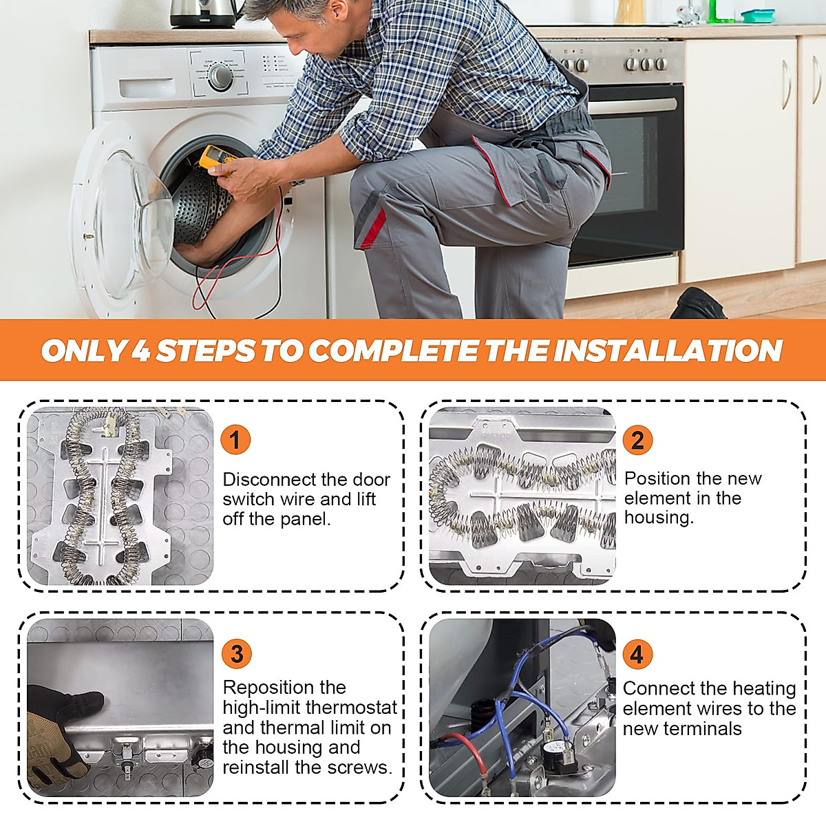 【Upgraded】DC47-00019A Dryer Heating Element Replacement for Samsung dv42h5000ew/a3 dv45h7000ew dve50m7450w/a3 - DC96-00887A DC47-00016A Thermal Fuse & DC32-00007A DC47-00018A Thermostat