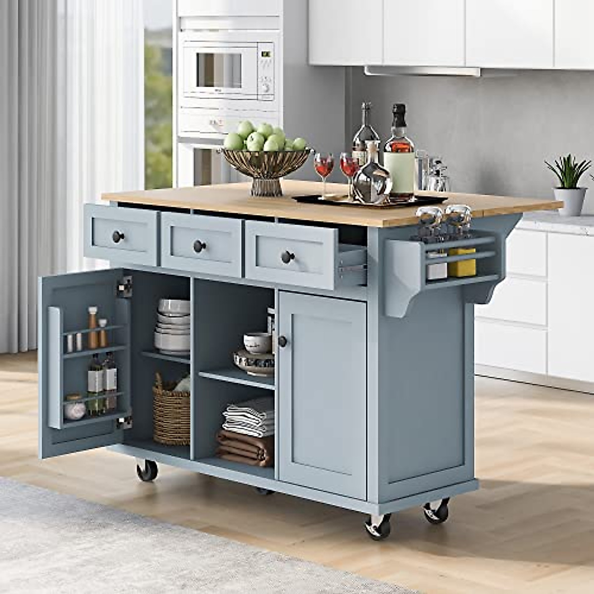 AnQuipet Kitchen Islands on Wheels with Wood Top, Farmhouse Kitchen Island with Adjustable Shelf, 3 Drawers and Open Shelves for Rolling Kitchen cart,Lockable Casters