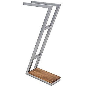 MyGift 2-Feet Tall Modern Z-Shaped Silver Tone Metal Dual Bar Towel Rack with Rustic Burnt Solid Wood Base, Free Standing Bathroom Laundry Room Holder Stand