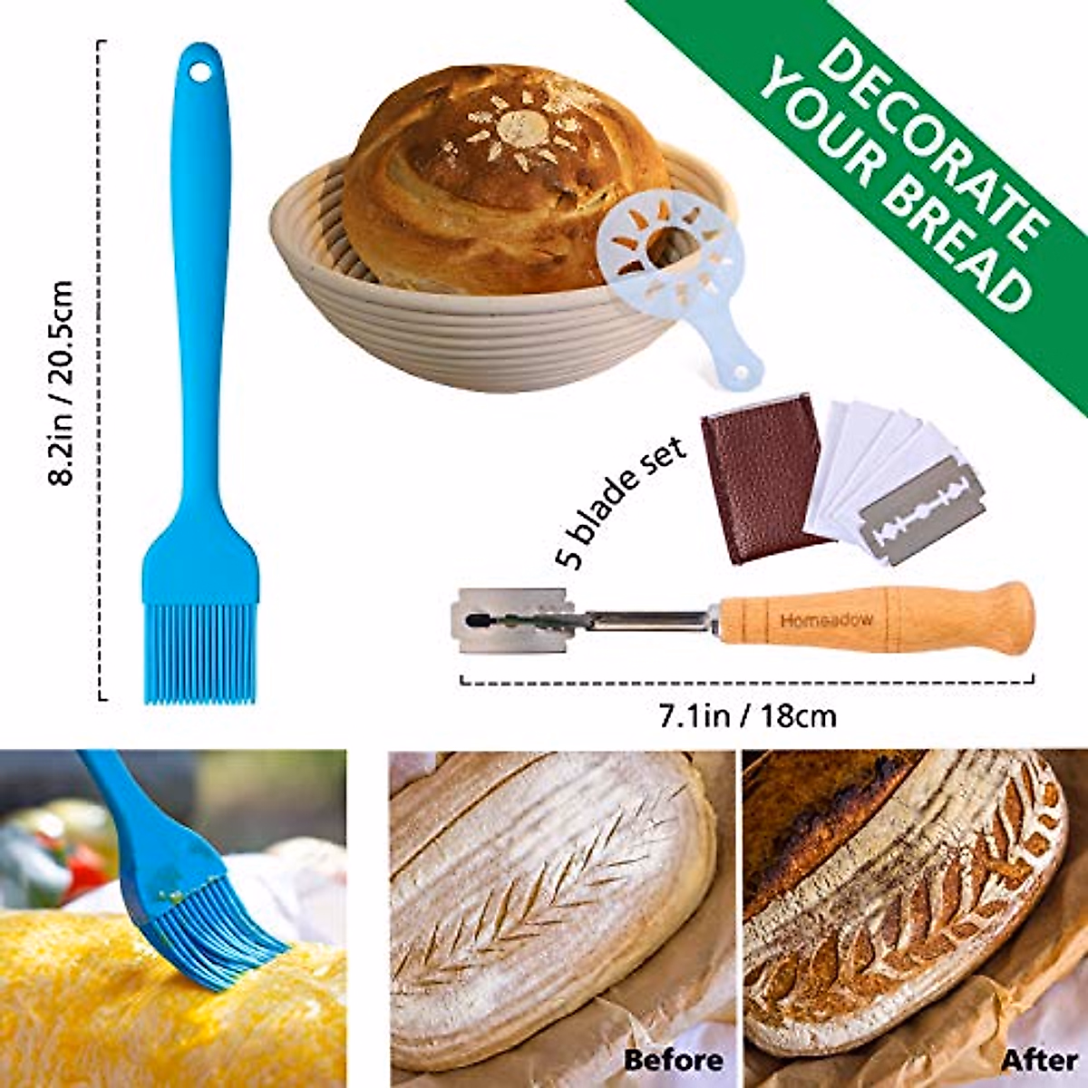 HOMEADOW Banneton Bread Proofing Basket For Rising Dough- 8 Pcs Kit: 10 inch Oval Brotform, Linen Liner, Bread Lame, Bench Scraper, Dough Scraper, Stencils, Silicone Baking Mat, Bread Bag | Sourdough