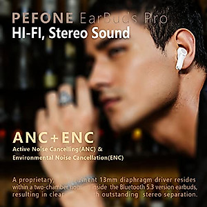 PEFONE Wireless Earbuds, in-Ear Bluetooth 5.3 Headphones ENC+ANC Noise Cancelling Earphones, Built-in Mic, Touch Control, USB Charging Case