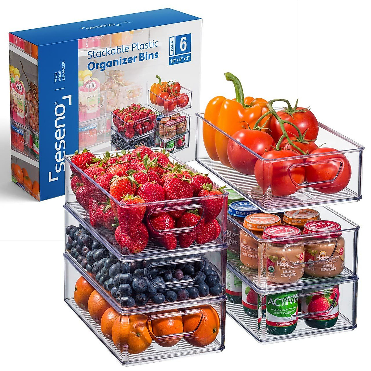 Set Of 6 Refrigerator Organizer Bins - Stackable Fridge Organizers with Cutout Handles for Freezer, Kitchen, Countertops, Cabinets - Clear Plastic Pantry Food Storage Rack