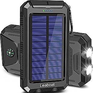 Solar Charger, Leaboat 20000mAh Portable Outdoor Waterproof Solar Power Bank, Camping External Backup Battery Pack Dual 5V USB Ports Output, 2 Led Light Flashlight with Compass (Black)