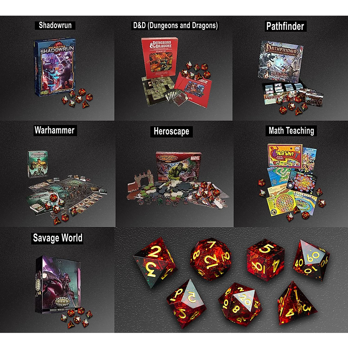 ATNPNTR DND Dice Set Sharp Edge Polyhedral Inclusions for Tabletop Role Playing Game TTRPG Dungeons & Dragons Beautiful Aesthetic Conscious RPG Player Red Ruby