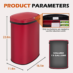 Furniture of America Verbena 13 Gallon Metal Household Trash Can with Motion Sensor Lid for Kitchen, Red