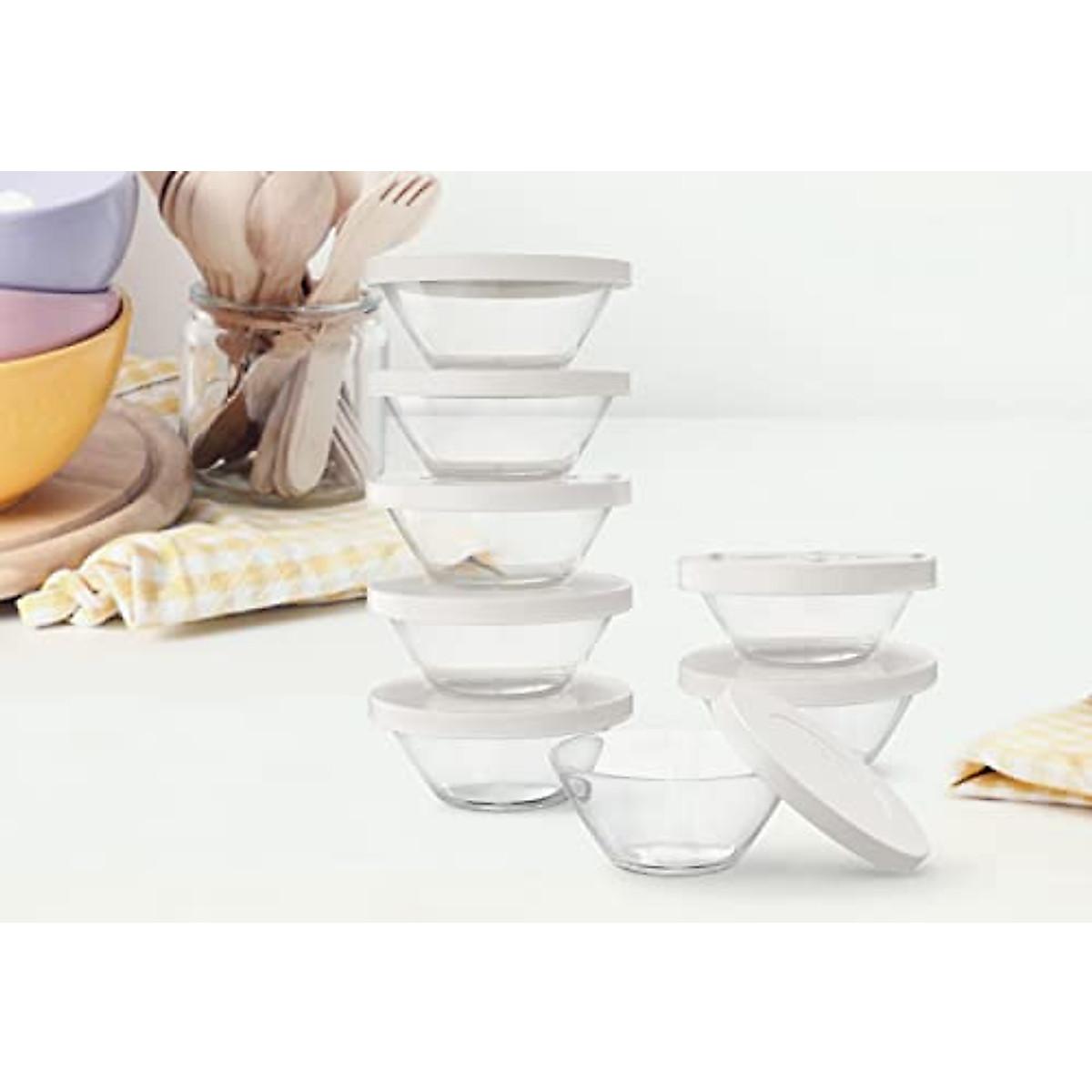 KooK Small Glass Prep Bowls with Lids Set, Clear Mini Food Storage Containers, Perfect for Dips, Microwave & Dishwasher Safe, 7.25 oz, Set of 8