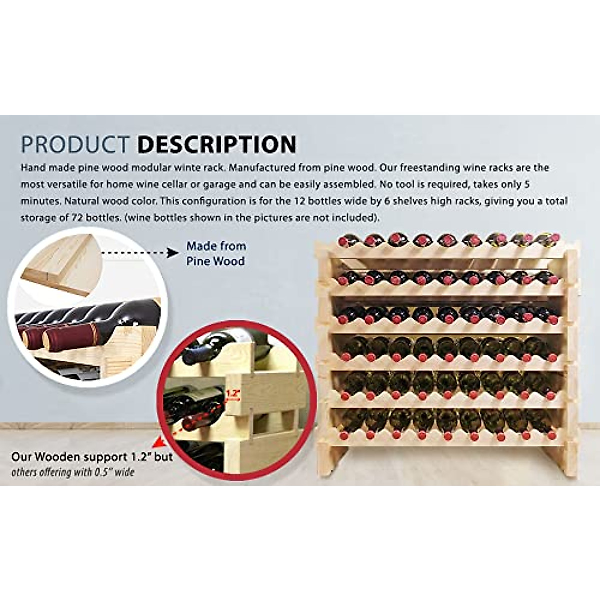 Stackable Modular Wine Rack Wine Storage Rack Holder Display Shelves for Wine Cellar or Basement , Freestanding Wine Rack Thick Wood Wobble-Free (Unfinished, 12 X 6 Rows (72 Slots))