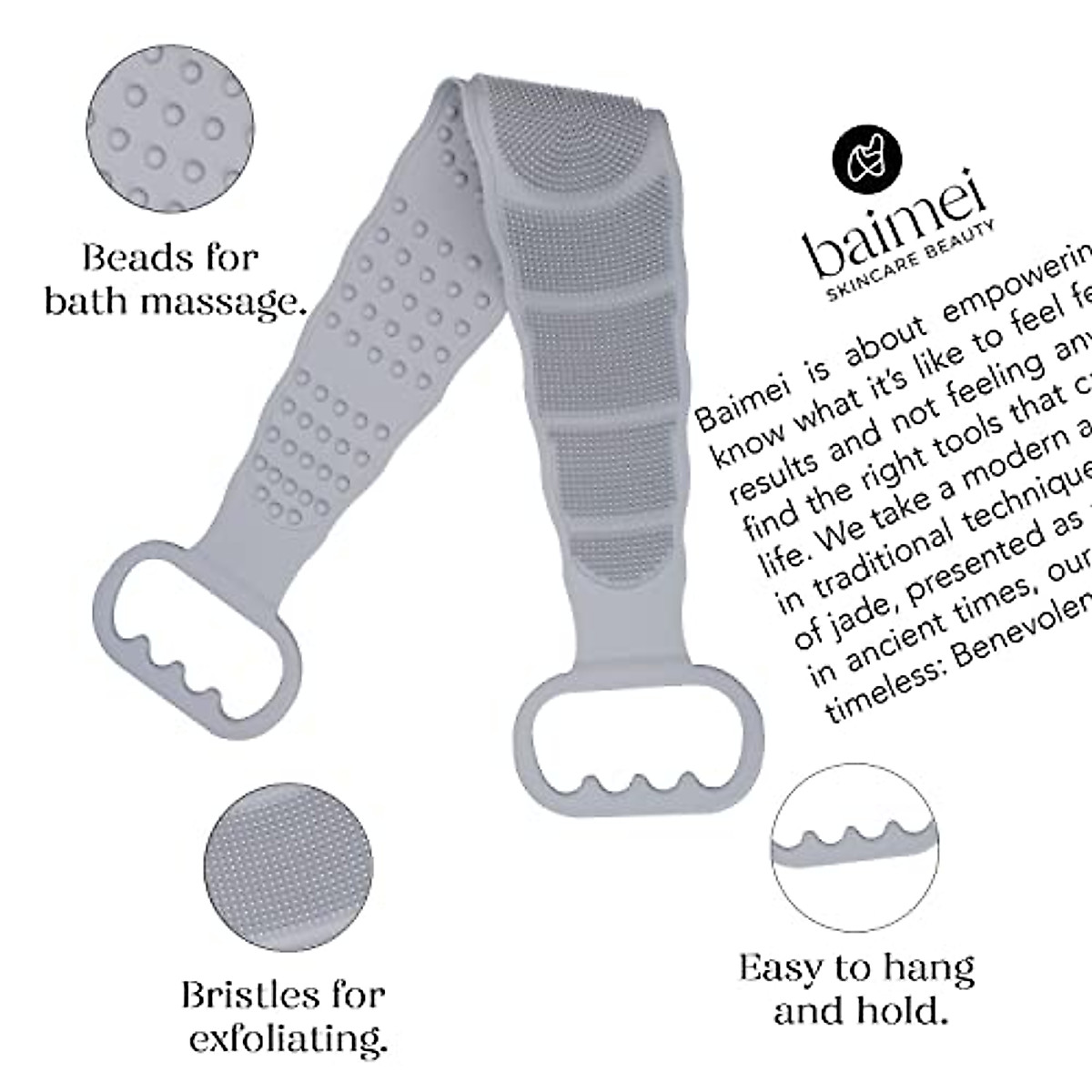 BAIMEI Silicone Back Scrubber for Shower, Handle Body Washer, Exfoliating Texture Body Scrubbers - Grey
