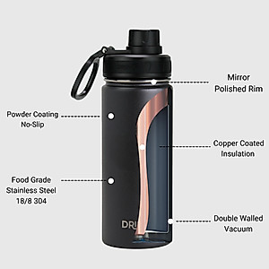 DRINCO Stainless Steel Water Bottle Spout Lid Vacuum Insulated Double Wall Water Bottle Wide Mouth (40oz 32oz 22oz 18oz 14oz) Leak Proof Keeps Cold or Hot (18 oz, 18oz Black)