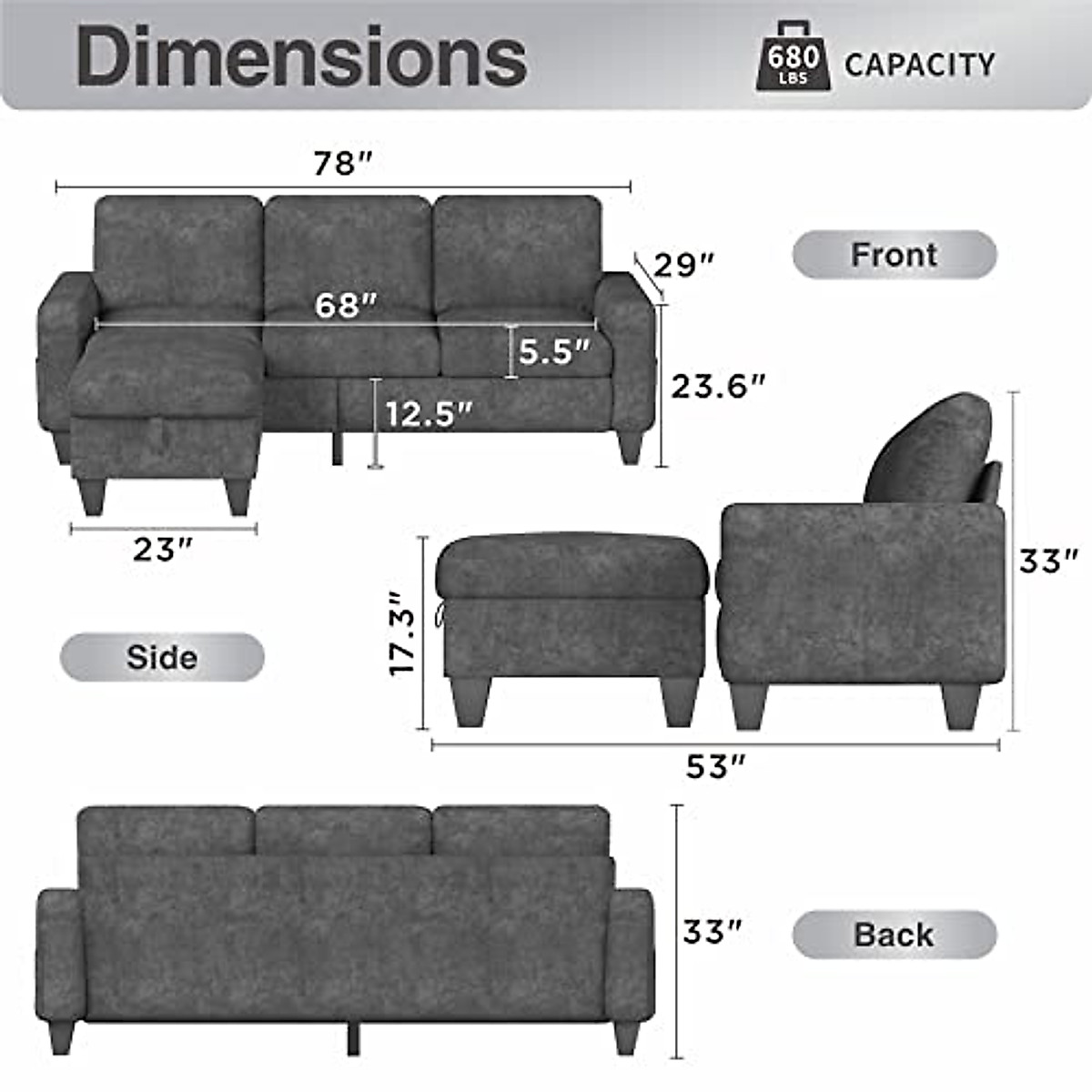 Sunrise Coast Sectional Sofa Couch L-Shaped Sofa Modern Linen Fabric 3-Seat Couch with Convertible Storage Ottoman Grey Living Room Furniture Set for Apartment Loft Small Spaces