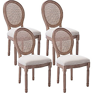 Virabit French Dining Chairs Set of 4, Rattan Farmhouse Upholstered Dining Chairs with Curved Backrest and Beautifully Carved Solid WoodFrame for Living Room, Kitchen, Restaurant