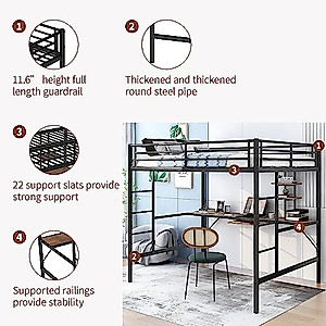 SOFTSEA Full High Loft Bed with Desk and Shelves for Small Space, Metal Loft Bed for Kids Teens, Indsutrial Style
