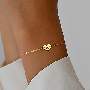 Dainty Heart Initial Bracelet For Women Girls,Classic 14K Gold Plated Chain Letter Charm Bracelet for Women Jewelry Gift