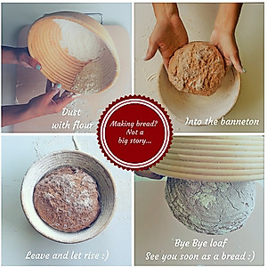 (10 inch) Round Banneton Proofing Basket Set - Brotform Handmade Unbleached Natural Cane For homemade Crusty Fresh, Easy to Bake Bread With Professional Marks Rising dough Bread Kit with washableCloth