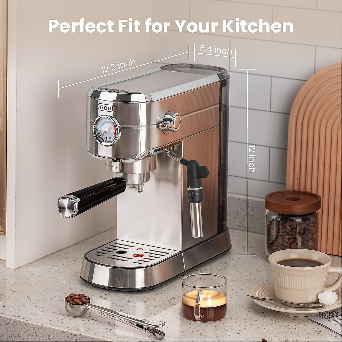 Gevi Espresso Machine 20 Bar with Auto Milk Frother, Professional Espresso Maker with Adjustable Shot Volume, Compact Cappuccino & Latte Machine, Stainless Steel, Gift for Coffee Lover, Home Baristas