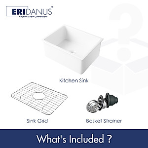 Drop in Kitchen Sink, Eridanus 24" x 18" Undermount Kitchen Sink 24 Inch Fireclay Sink Dual Mount White Kitchen Sink Topmount Deep Single Bowl with Bottom Grid and Strainer Drain