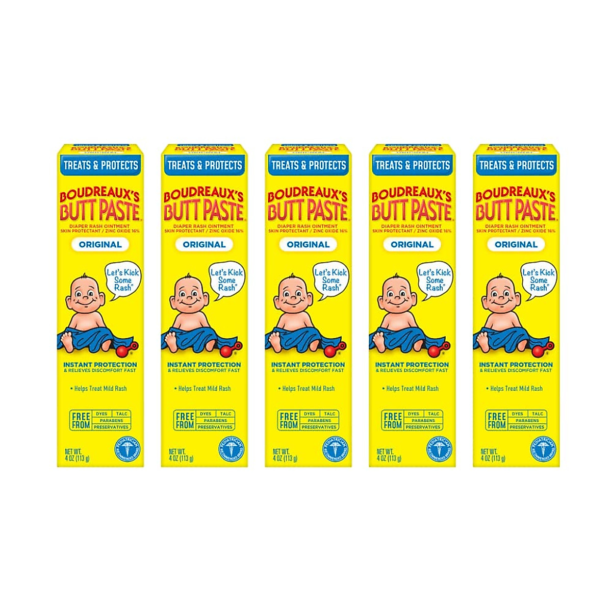 Boudreaux's Butt Paste Original Diaper Rash Cream, Ointment for Baby, 4 Oz (Pack of 5)