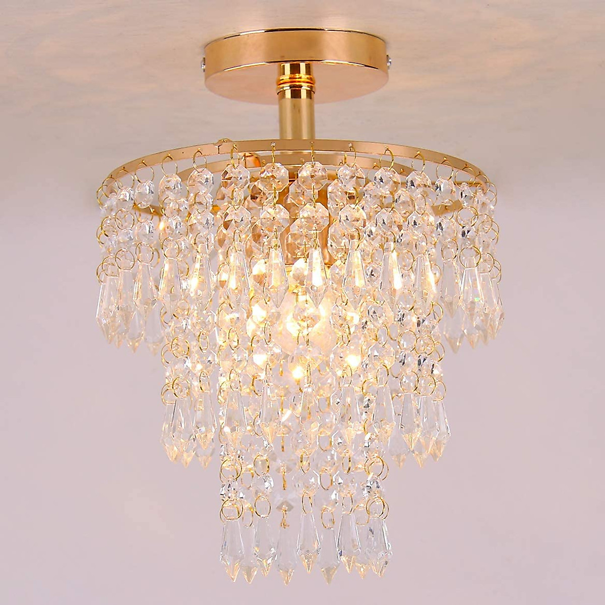 FRIXCHUR Mini Size Crystal Chandelier Modern Flush Mount Ceiling Light 3 Tiers Raindrops Crystal Pendant Lighting Fixture Decoration for Bedroom Hallway Living Room,E26 Base,Gold