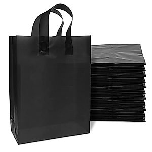 Plastic Bags with Handles - 100 Pack Medium Black Frosted Plastic Gift Bags, Gusset & Cardboard Bottom, Bulk Merchandise Retail Gift Bags, Boutiques, Small Business, Parties, Events - 10x5x13
