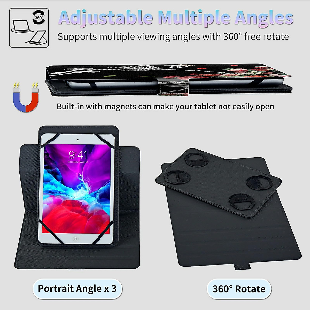 HEAKIERG Universal Tablet Case for New Kobo Libra 2 7" 2021 & 6" Kobo Clara 2E 2022, Lightweight Flip Stand and Adjustable Protective Cover Case for 6"-7" Tablet, Skull Rose