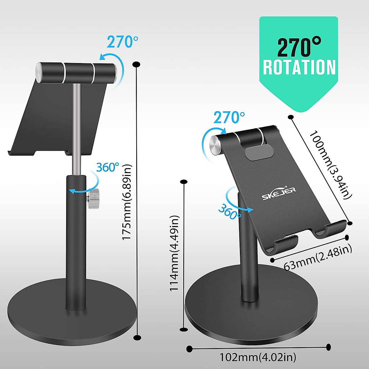 SKEJER Cell Phone Stand for Desk Adjustable Height Tablet iPhone Holder, Telescopic iPad Stand, Aluminum Alloy, Compatible with 4"-13" Smartphone Kindle Tablet Pad Phone- Black