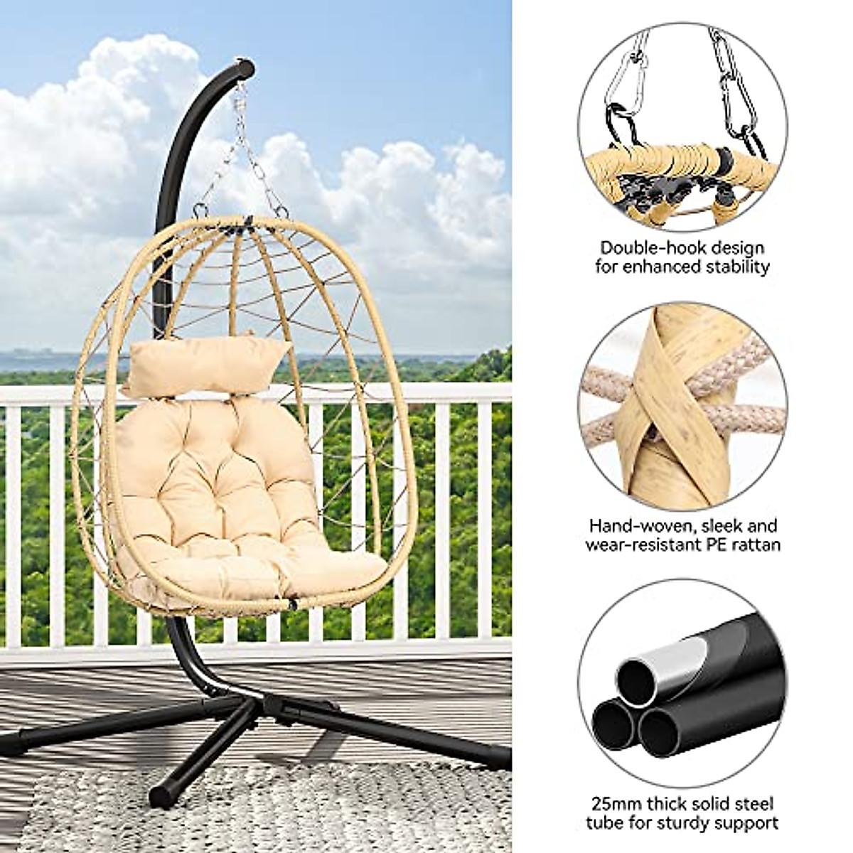 YITAHOME Hanging Egg Chair with Stand Swing Chair Wicker Indoor Outdoor Hammock Egg Chair with Cushions 330lbs for Patio, Bedroom, Garden and Balcony, Beige