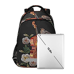 Embroidery Musical Violin Backpack Lightweight Shoulder Bag, Bird Pink Roses Laptop Backpack Casual Daypack with Safe Reflective Stripes for Daily Hiking Camping