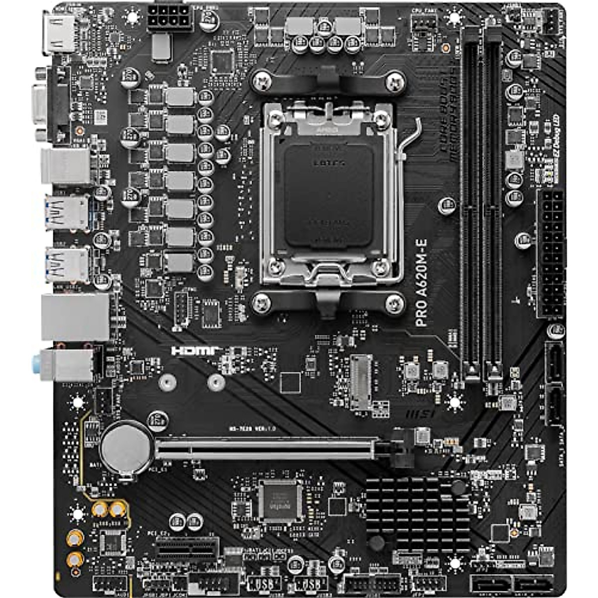 MSI PRO A620M-E ProSeries Motherboard (AMD AM5, DDR5, PCIe 4.0, SATA 6Gb/s, M.2, USB 3.2 Gen 1, Gbps LAN, DVI/HDMI, mATX)