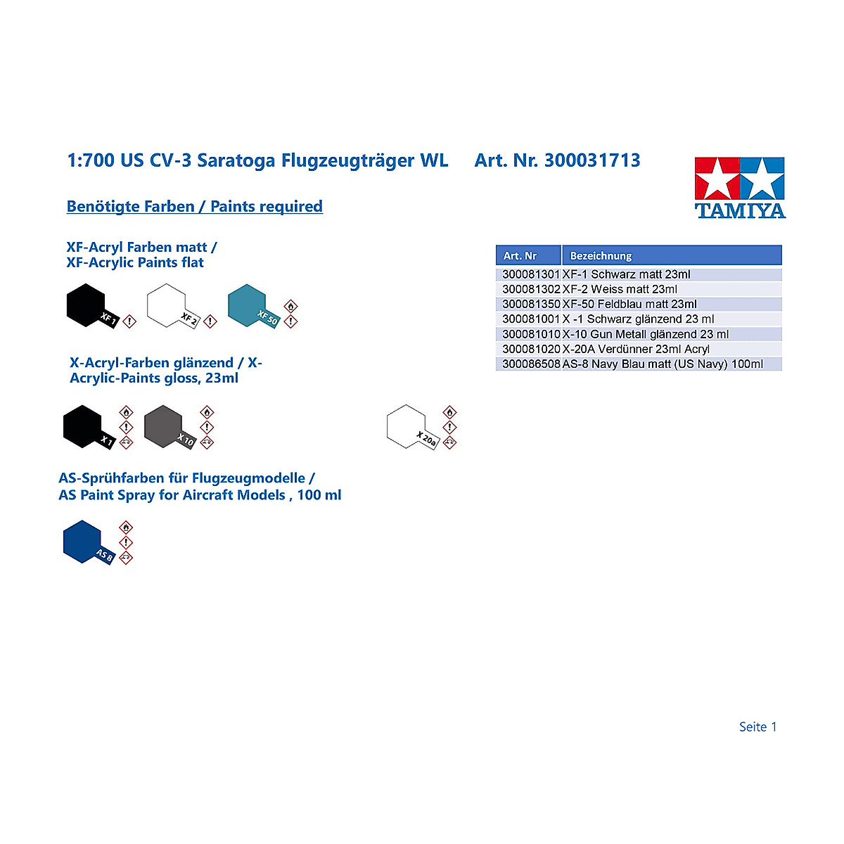 Tamiya 31713 1/700 US Aircraft Carrier Saratoga Plastic Model Kit