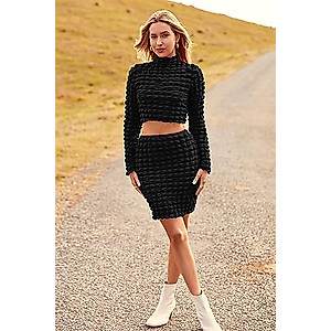 PRETTYGARDEN Women's 2024 Fall 2 Piece Outfits Mock Neck Crop Tops and Bodycon Mini Skirt Dress Sets (Black,Large)