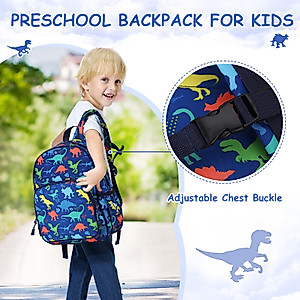 RAVUO Kids Backpack, Cute Dinosaur Backpack for Boys Toddler School Bookbag with Chest Strap