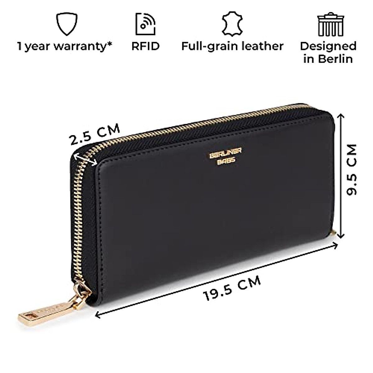 BERLINER BAGS Women’s Wallet Black Leather RFID Blocking Large Ladies’ Purse with Zipper fits 15+ Cards, Cash, Coins