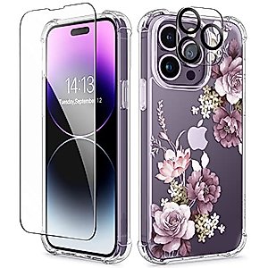 GVIEWIN Compatible with iPhone 14 Pro Case with Screen Protector & Camera Lens Protector, Floral Slim Shockproof Protective Hard PC+TPU Bumper Flower Women Cover, 6.1" 2022(Cherry Blossoms/Purple)