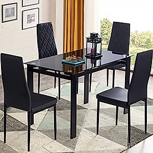 Recaceik 5 Pieces Modern Dining Table Set for 4, Rectangle Glass Table and 4 PU Leather Kitchen Dining Room Chairs with Metal Frames, Dining Room Table and Chairs Set, Easy to Clean & Assemble