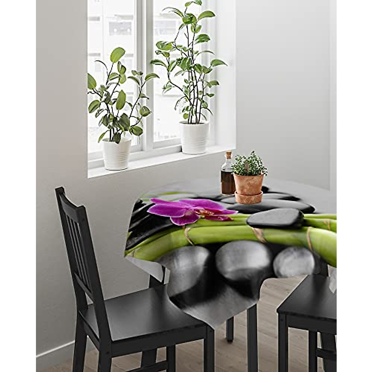 CyCoShower Tablecloth 53x53 inch Burlap Table Cloth Red Orchid with Black Basalt Stones on The Bamboo Ultra-Soft Table Runners for Dining,Kitchen,Wedding, Parties Outdoor Use