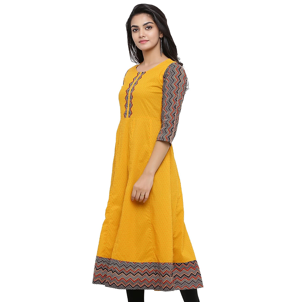 Yash Gallery Indian Cotton Geometric Print Anarkali Kurtis for Women (Mustard Yellow)
