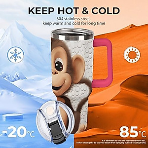 LLUTSNTH 40 Oz Vacuum Tumbler with Light Rose Red Handle Leakproof Insulated Tumbler Cute Monkey Stainless Steel Travel Mug with Lid And Straw Coffee Cup Cute Water Bottles Cup Holder Friendly