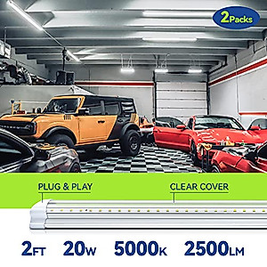 Monios-L LED Shop Light 2FT 5000K 20W, Linkable Utility Ceiling Lights,V-Shaped 2500lm Daylight,T8 Integrated Fixtures LEDs Tubes, Garage Lighting for Workshop,Work Bench,Basement,Plug & Play 2-Pack