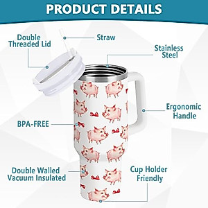 Bseiialft 40 oz Tumbler with Handle Cute Pig Bows Water Bottle with Lid and Straw Vacuum Insulated Cup Stainless Steel Travel Coffee Mug for Home Office Car